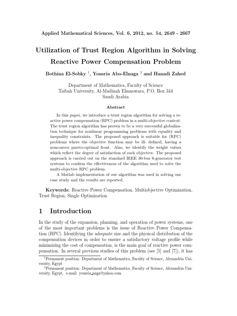 Utilization of Trust Region Algorithm in Solving Reactive Power Compensation Problem | PDF ...