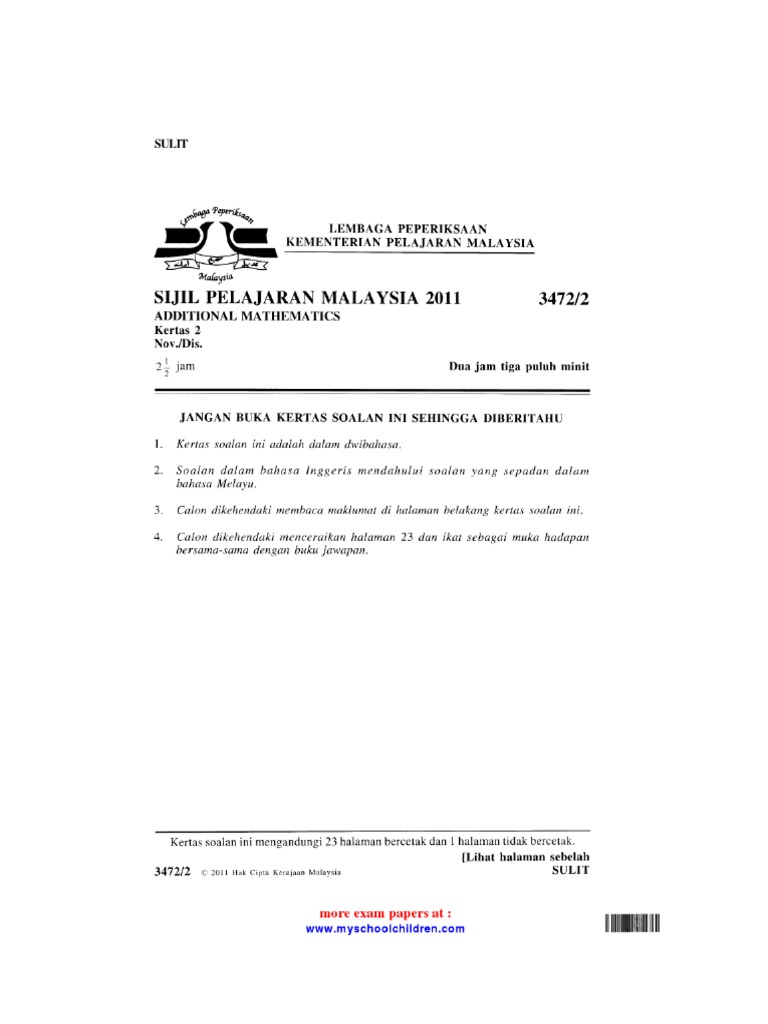 SPM Past Year Question 2011 (Add Maths Paper 2) | PDF