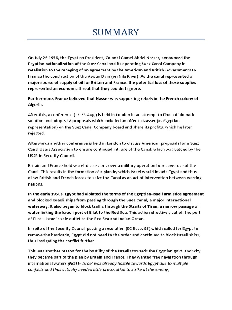 Suez Crisis 1956: Key Events Summary | PDF | Suez Canal | Suez Crisis
