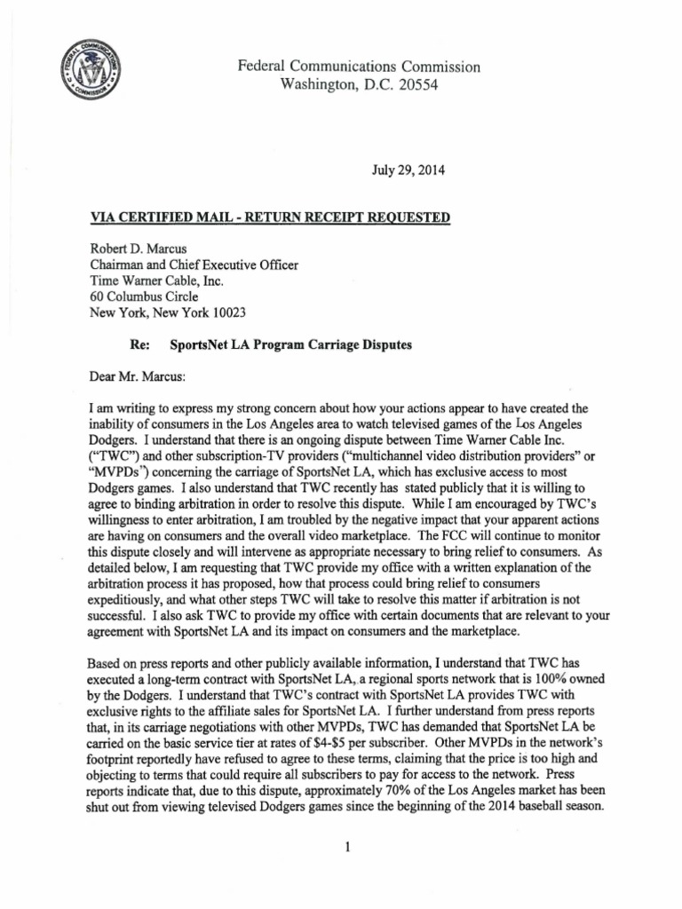 FCC: Tom Wheeler Letter To TWC | Federal Communications Commission ...