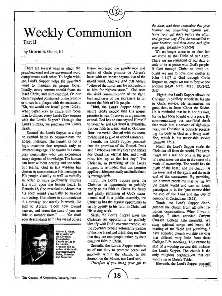 1987 Issue 1 - Weekly Communion, Part II - Counsel of Chalcedon | PDF ...