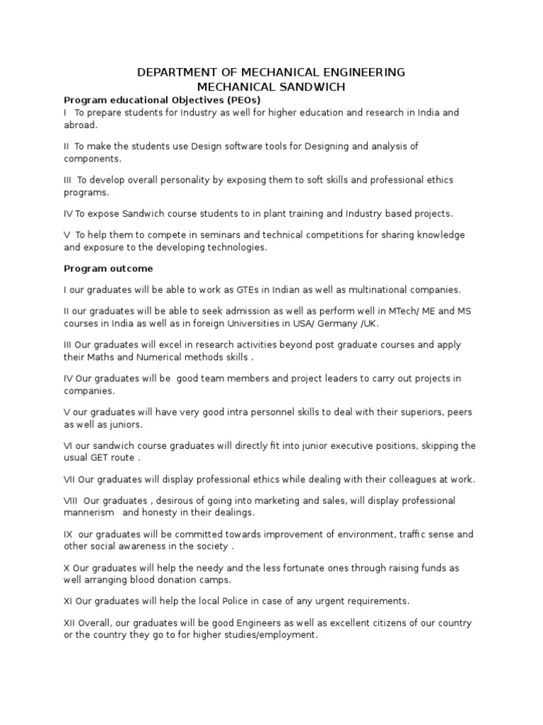 Department of Mechanical Engineering Mechanical Sandwich: Program Educational Objectives (Peos ...
