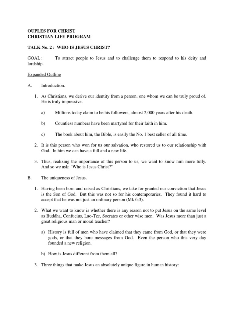 Ouples For Christ Christian Life Program Talk No. 2: Who Is Jesus ...
