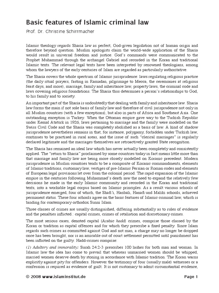 Basic features of Islamic criminal law | Sharia | Capital Punishment