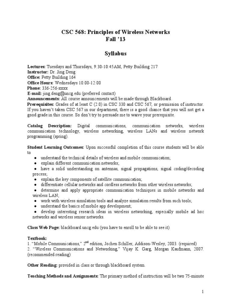 Principles of Wireless Networks Syllabus | PDF | Homework | Wireless