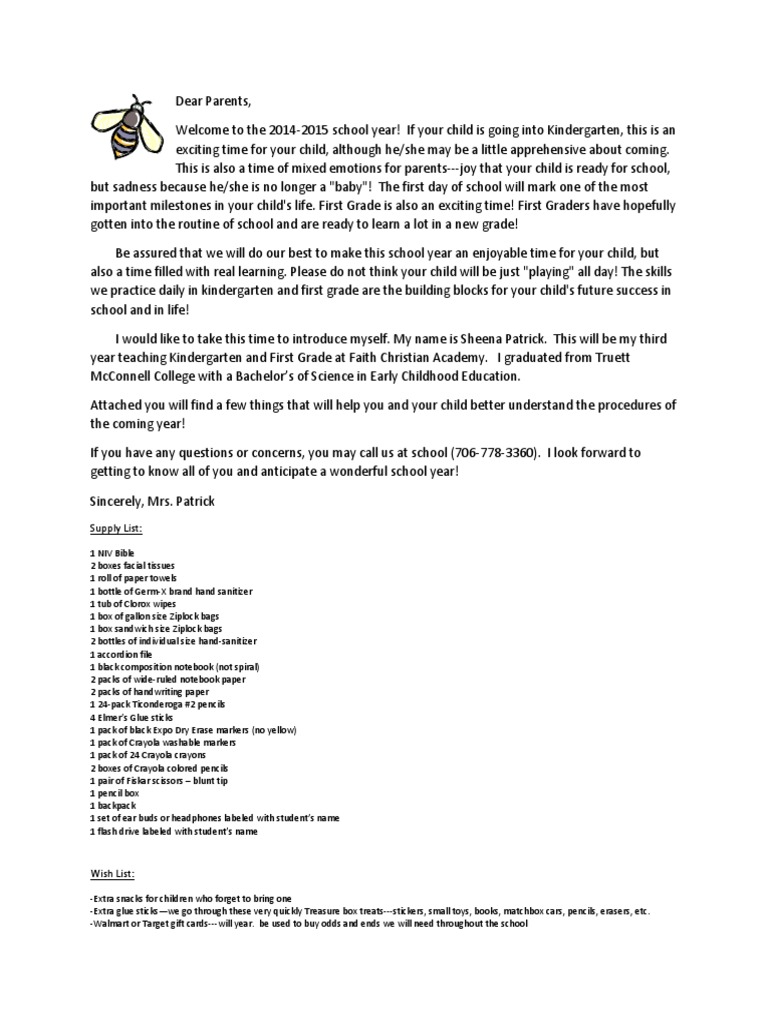 Beginning of School Letter Information | PDF | Homework | Volunteering