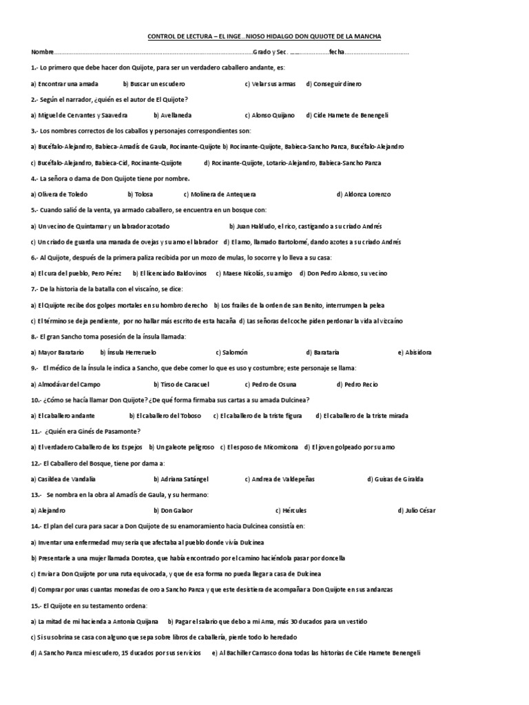 Control de Lectura - Don Quijote de La Mancha | PDF | Don Quijote ...