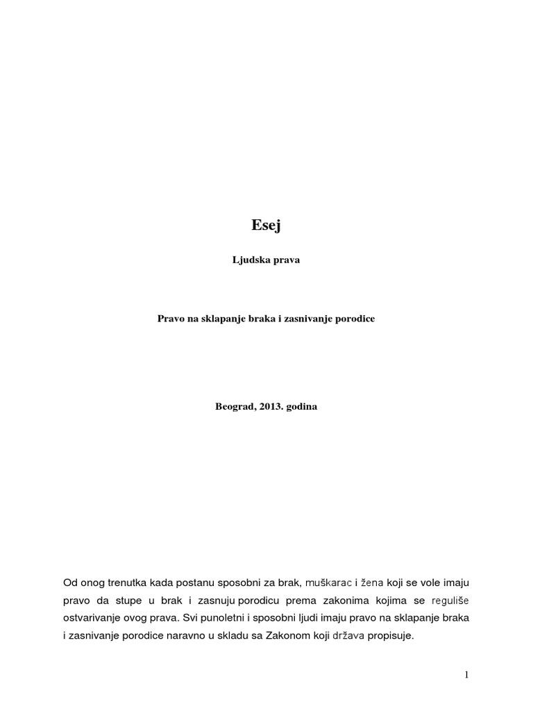 Esej Pravo Na Sklapanje Braka I Zasnivanje Porodice | PDF