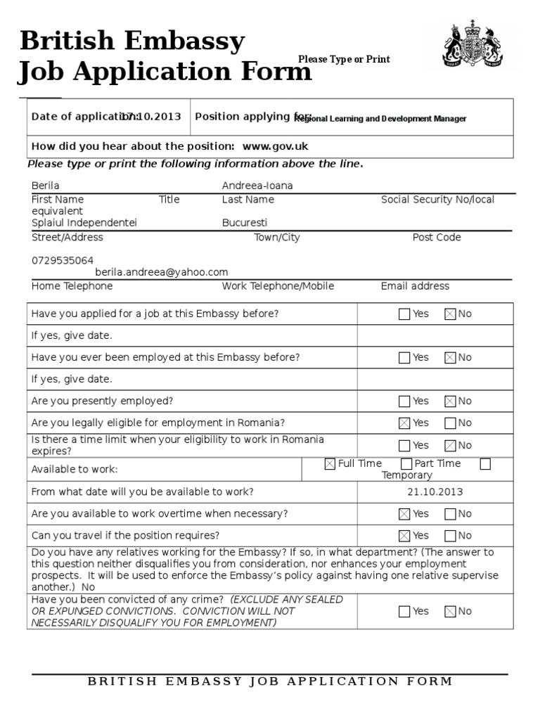 British Embassy Job Application Form: Please Type or Print | PDF ...