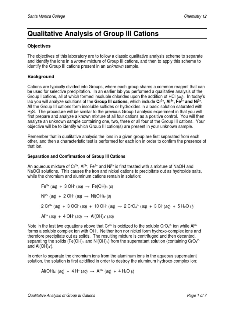 Group III Cations Qualitative Analysis | PDF | Precipitation (Chemistry ...