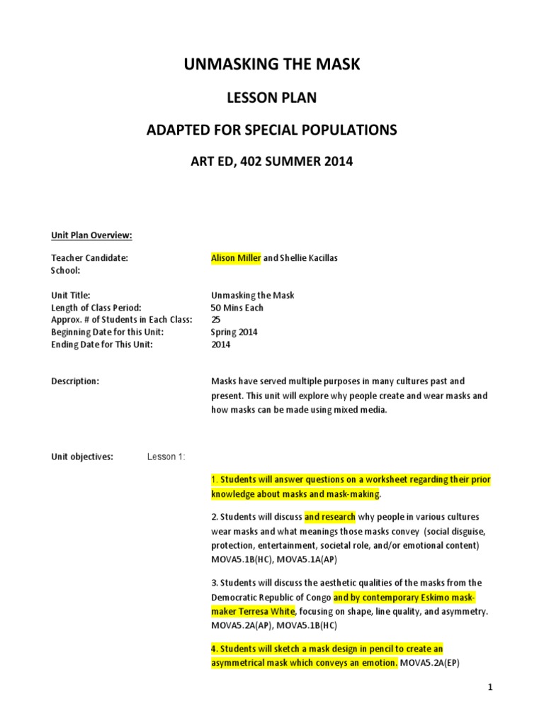 Mask-Making Lesson Plan for Special Populations | PDF
