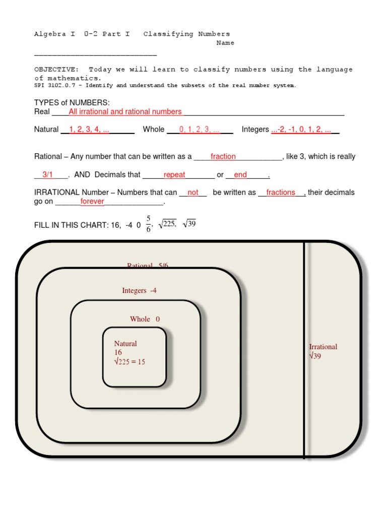 Classifying Real Numbers Worksheet | PDF