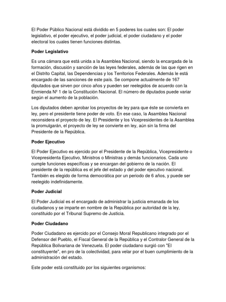 El Poder Público Nacional Está Dividido en 5 Poderes Los Cuales Son ...