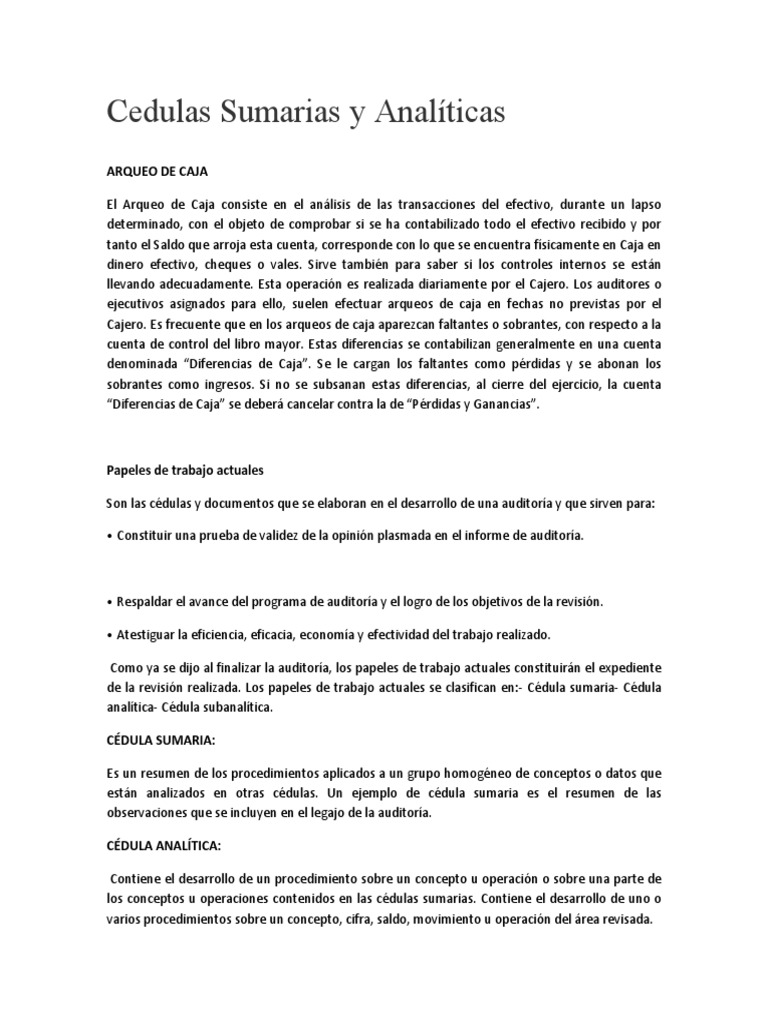 Cedulas Sumarias y Analíticas | PDF | Auditoría financiera | Contabilidad