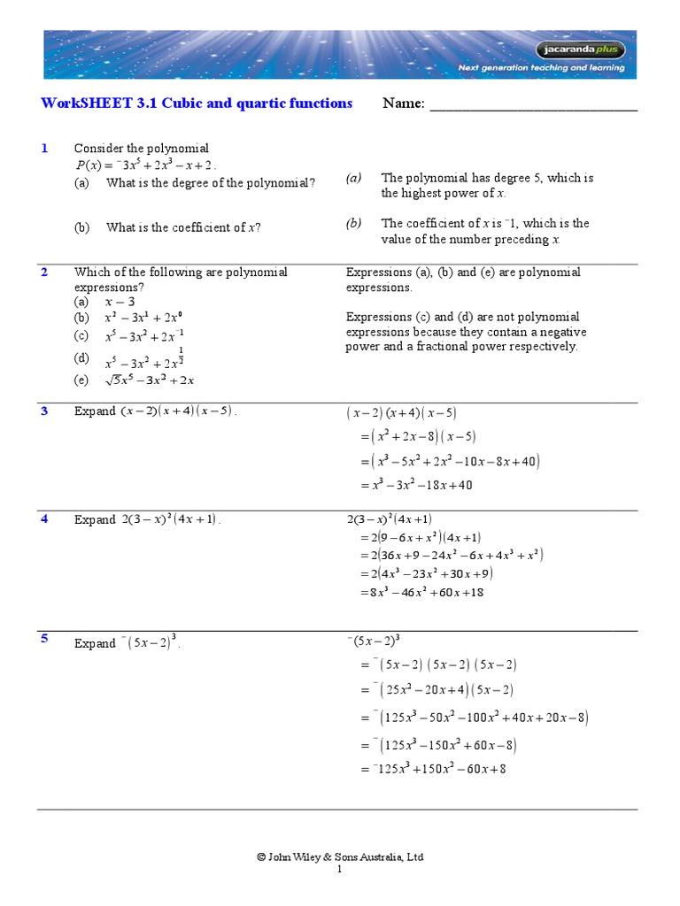 Cubic and Quartic Functions Worksheet | PDF | Polynomial ...