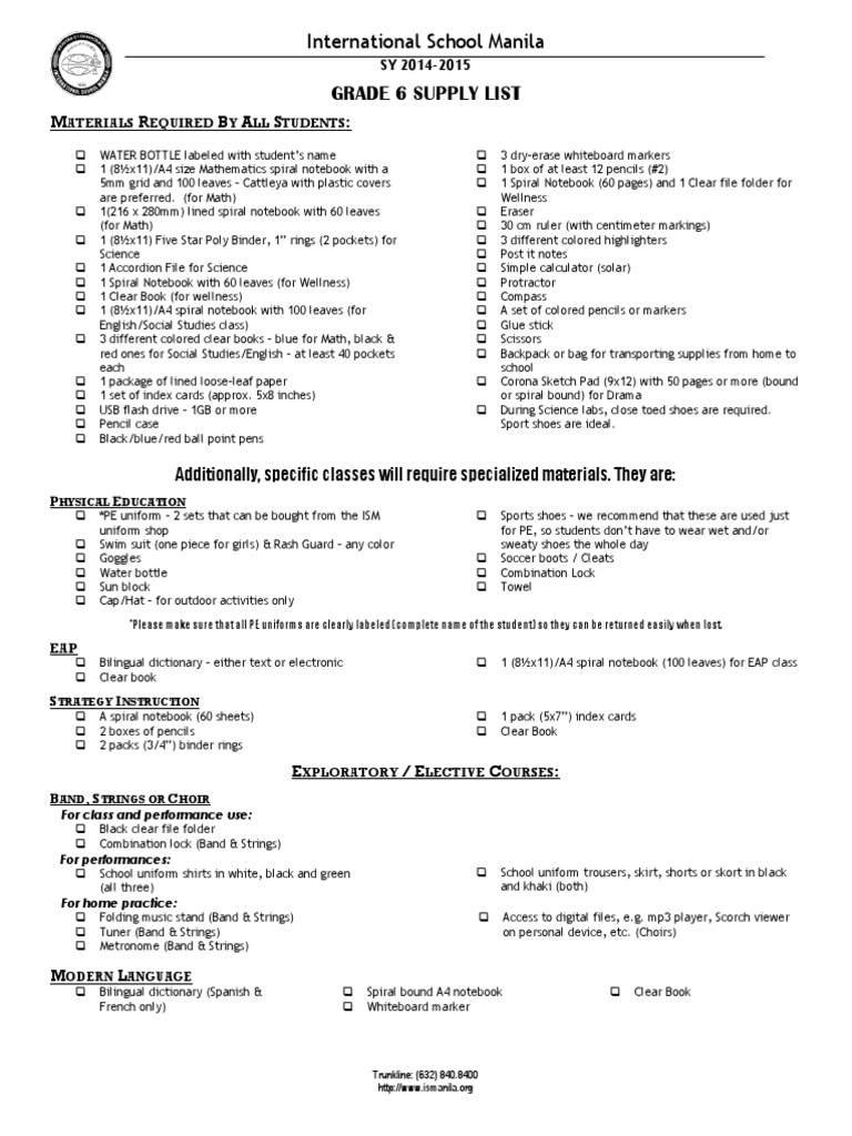 Grade 6 Supply List SY1415 | PDF | Notebook | Clothing
