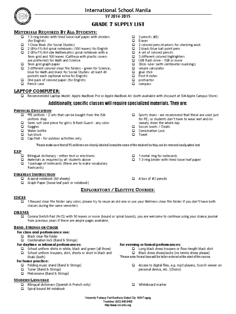 Grade 7 Supply List SY1415 | PDF | Laptop | Clothing