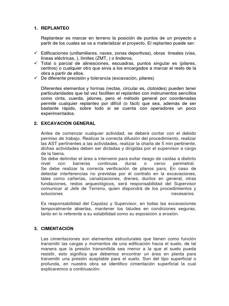 Replanteo, Excavacion y CIMENTACION de La Obra | PDF | Edificios y estructuras | Fundación ...