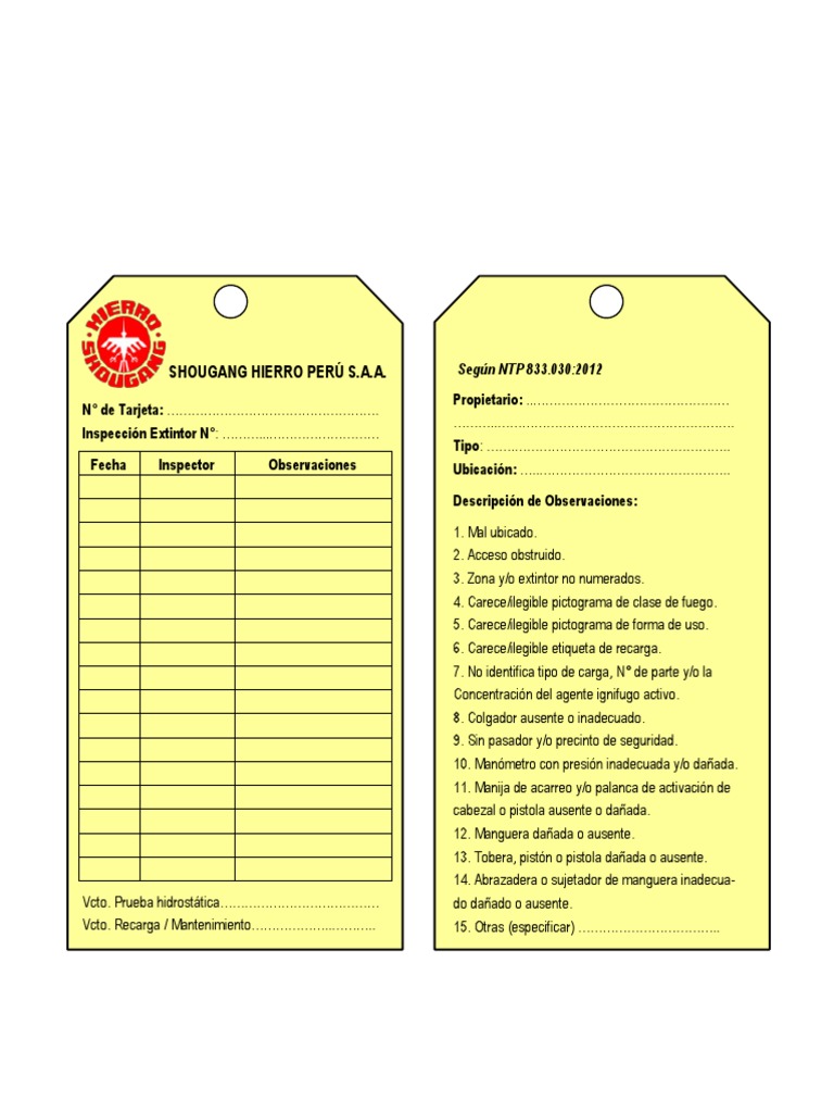 Tarjeta De Inspeccin De Extintoresdocx Tarjetas Extintores | PDF