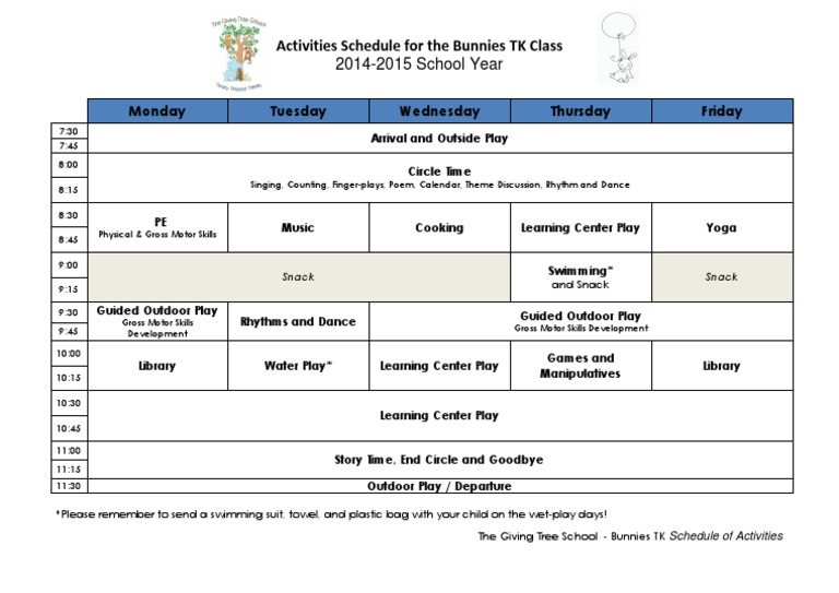 Bunnies TK Class Activities Schedule | PDF | Language Arts & Discipline ...