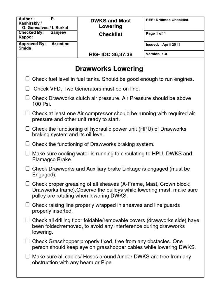 Mast and Dwks Lowering Checklist | PDF | Drilling Rig | Crane (Machine)