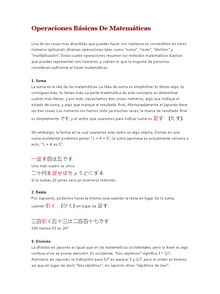 Operaciones Básicas de Matemáticas | PDF | Sustracción | Multiplicación