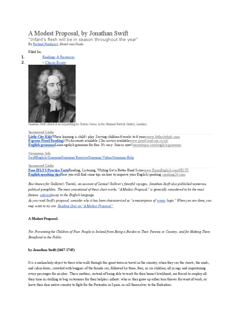 A Modest Proposal, by Jonathan Swift: "Infant's Flesh Will Be in Season ...
