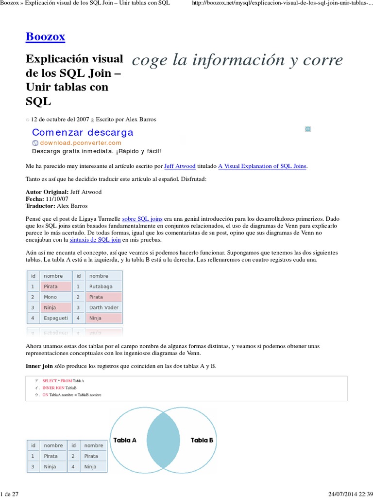 Boozox Explicación Visual de Los SQL Join - Unir Tablas Con SQL | PDF | SQL | Tabla (base de datos)