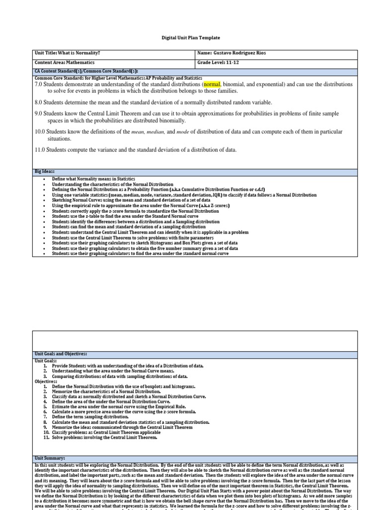 Digital Unit Plan | PDF | Normal Distribution | Probability Distribution