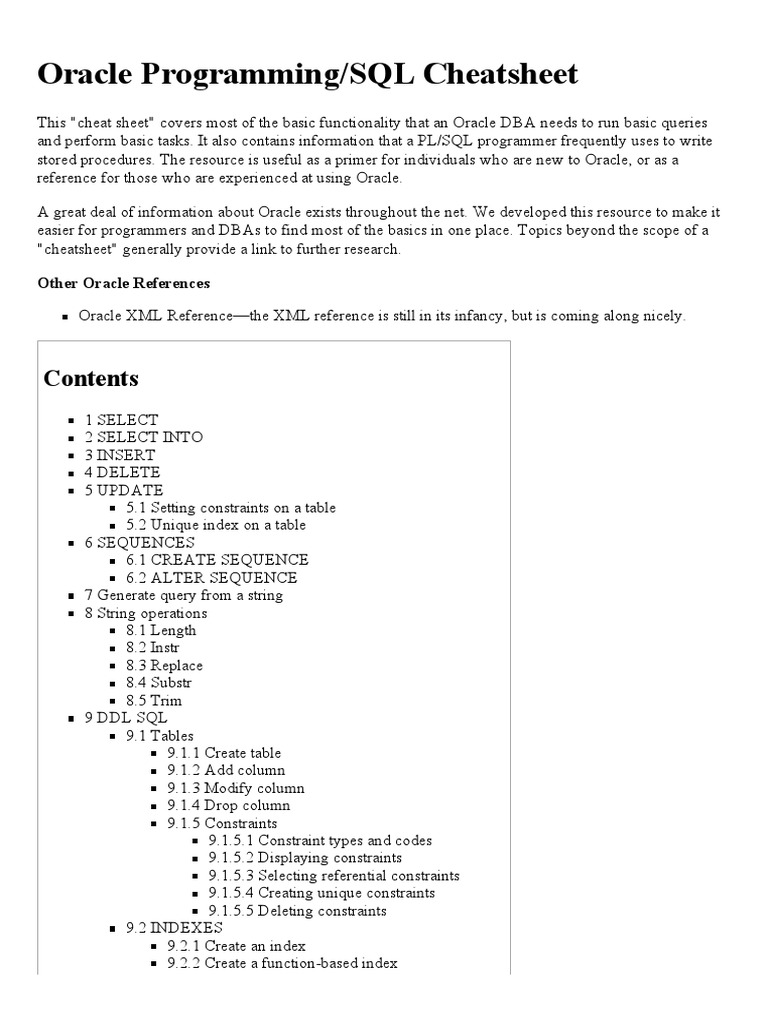 Oracle Programmingsql Cheatsheet Database Index Plsql 