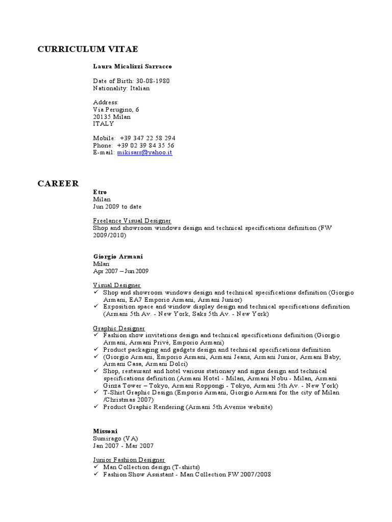CV Laura Micalizzi Eng | PDF | Software | Fashion