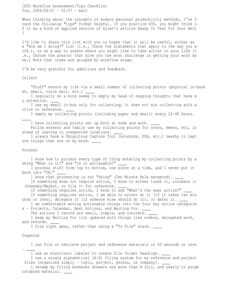GTD Workflow Assessment - Tips Checklist | PDF | Business