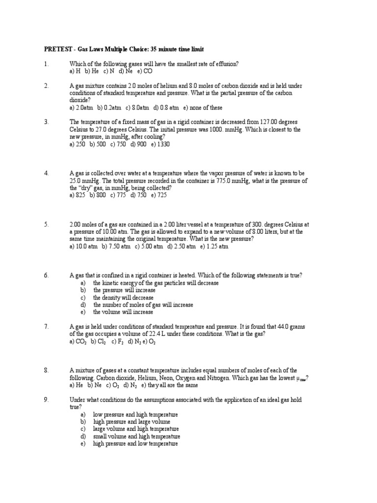Gas Laws MCQ Pretest with Answers | PDF | Gases | Temperature
