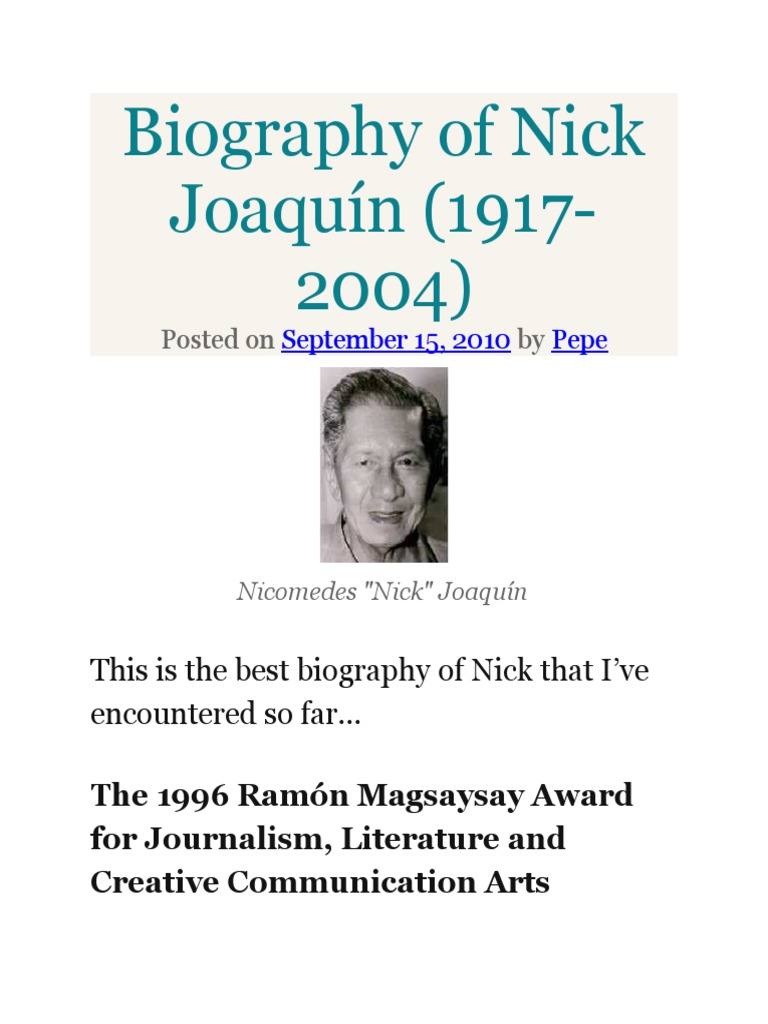 Biography of Nick Joaquín: A Literary Legacy | PDF | Schools