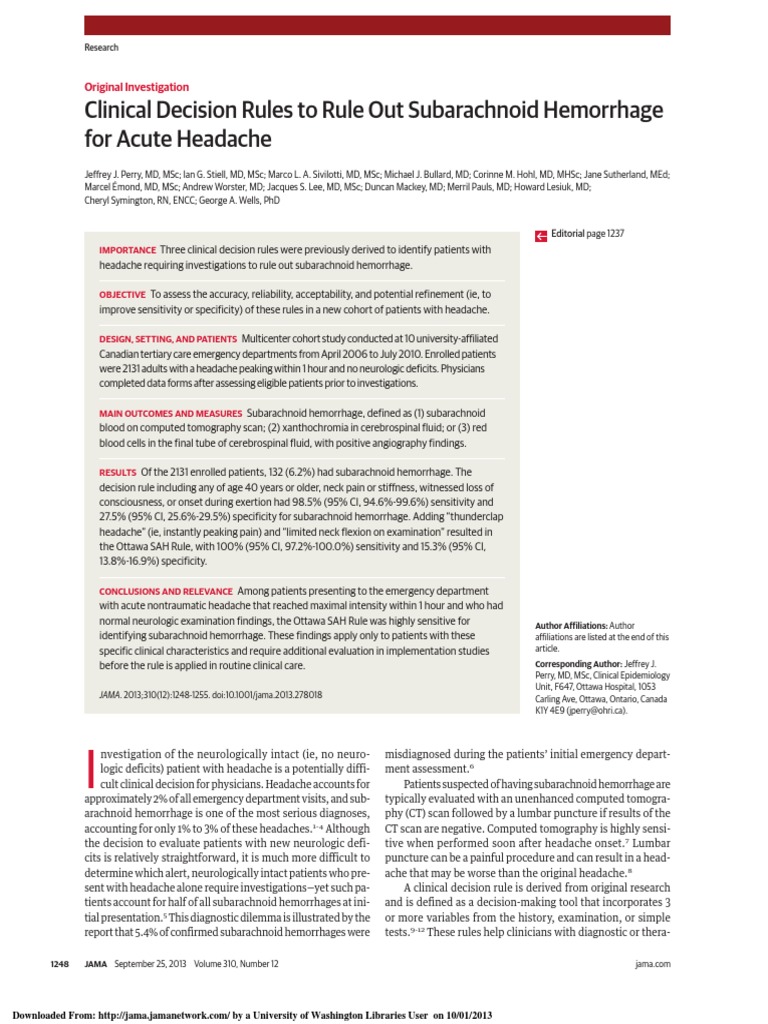 Clinical Decision Rules To Rule Out Subarachnoid Hemorrhage For Acute ...