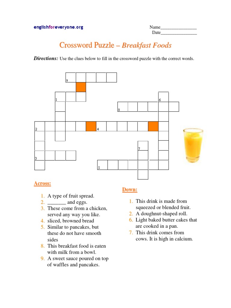 Crossword Puzzle - Breakfast Foods | PDF