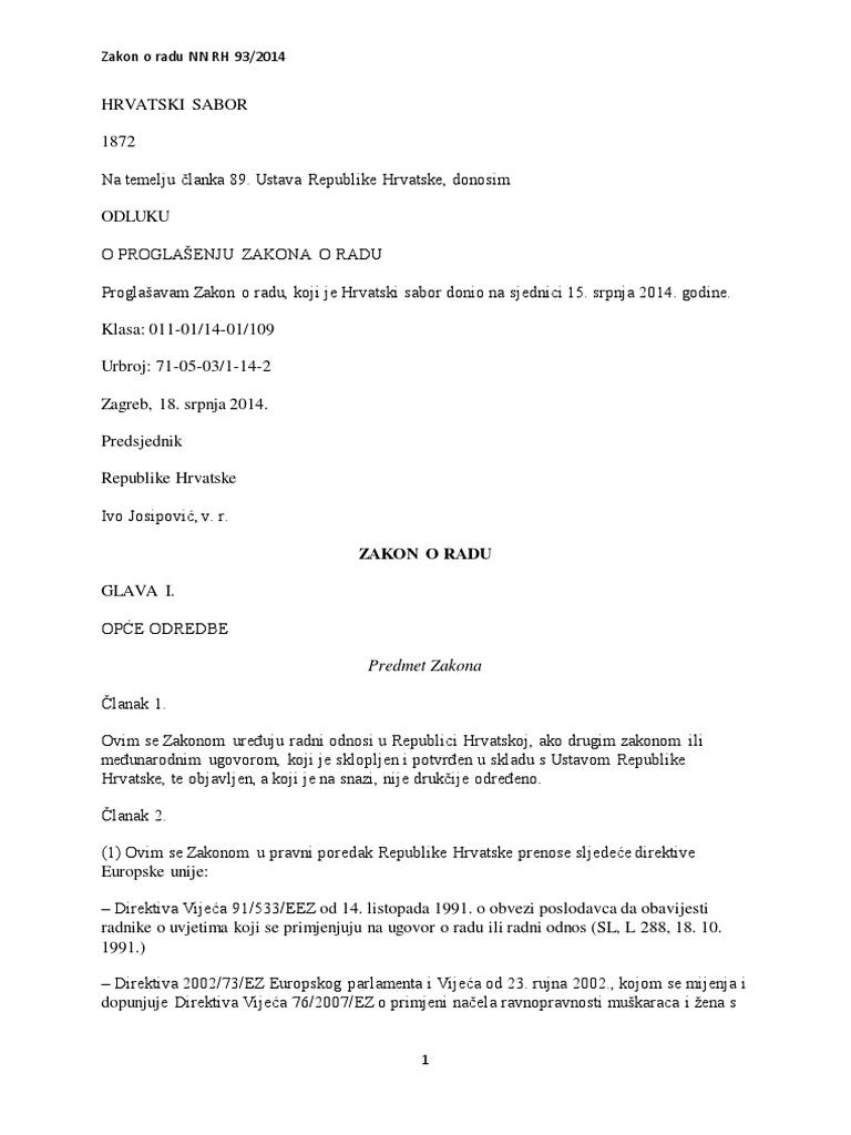 Zakon o Radu (NN RH 2014-093) | PDF