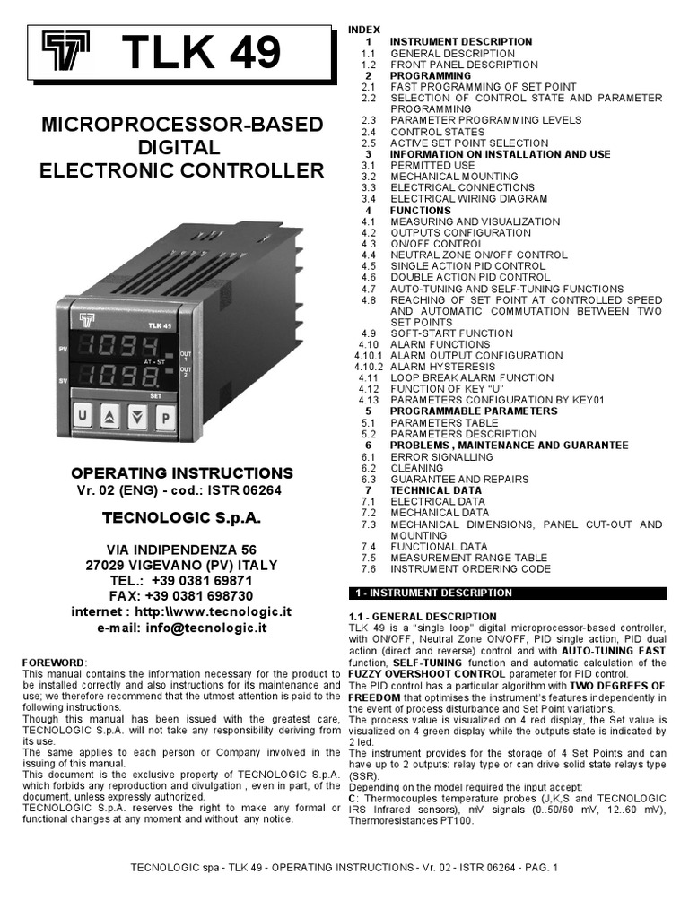 Microprocessor-Based Digital Electronic Controller: Operating Instructions Tecnologic S.P.A ...