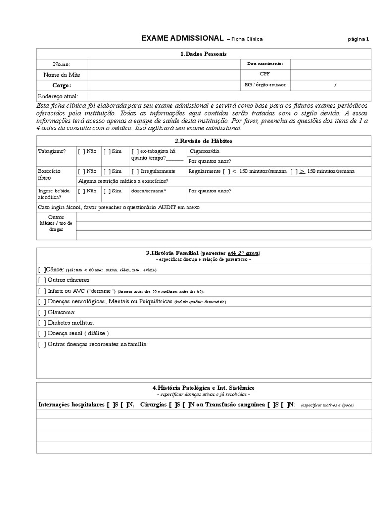 Ficha Exame Admissional | PDF | Medicina clínica | Especialidades Médicas