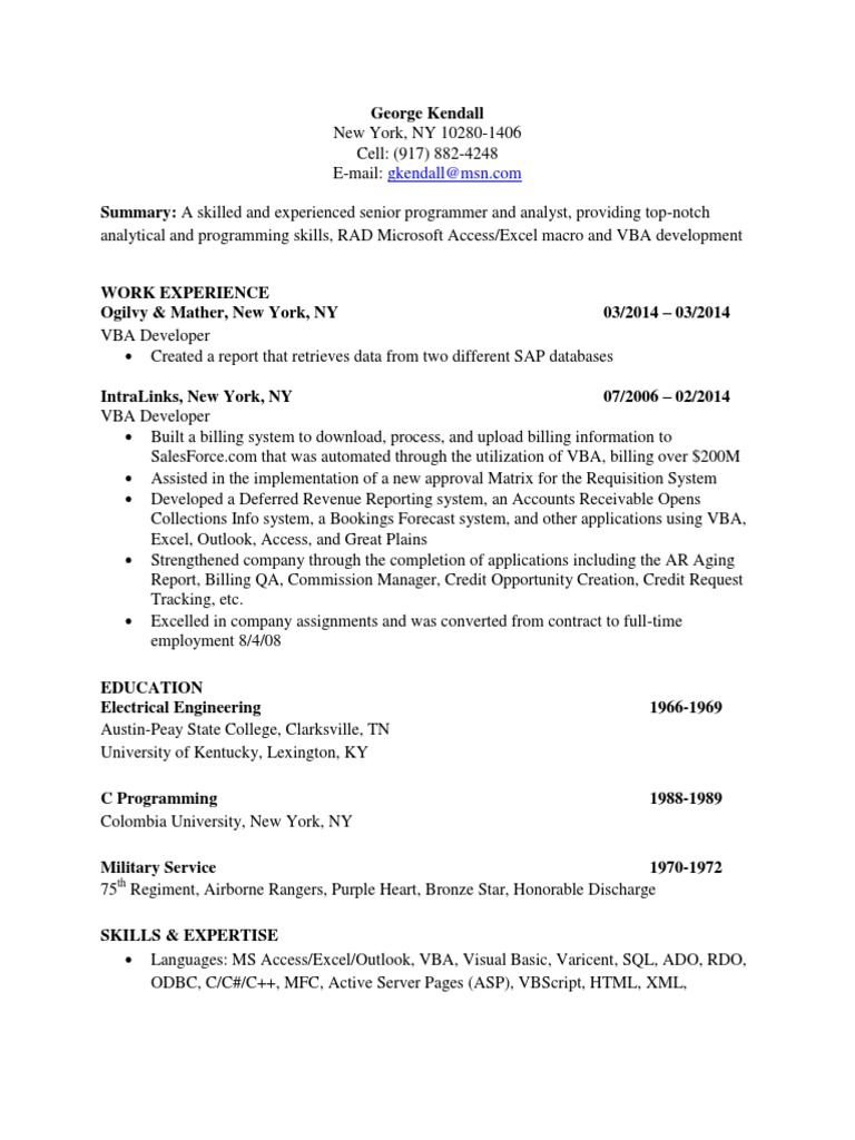 Analyst VBA Excel Developer in New York NY Resume George Kendall | PDF ...