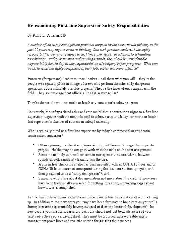 First Line Supervisor Safety Responsibilities | Safety | Employment