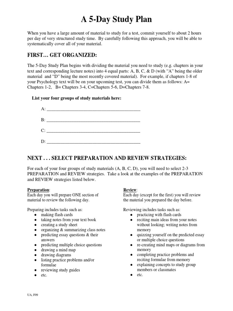 Five Day Study Plan Template PDF Human Resource Management 