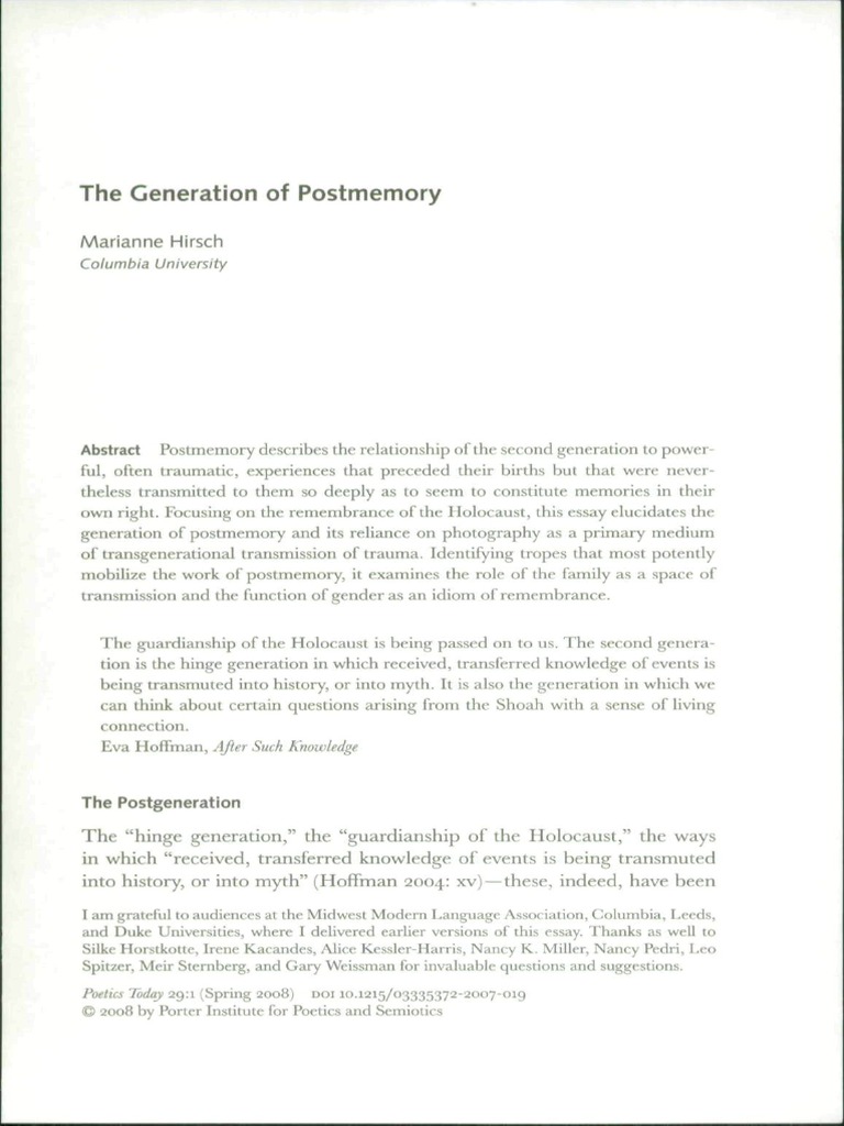 The Generation of Postmemory | PDF | Psychological Trauma | Photograph
