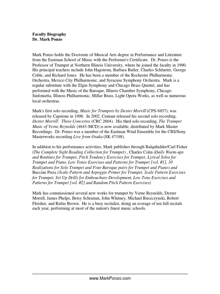 Dr. Mark Ponzo: Trumpet Professor Bio | PDF
