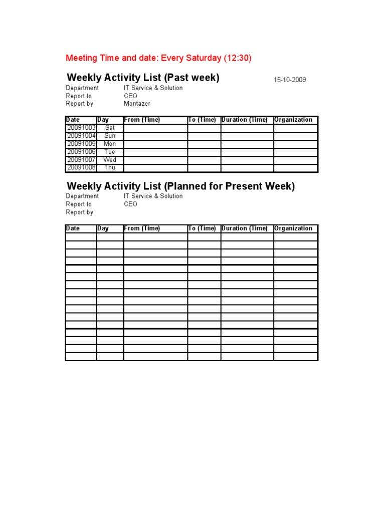 Weekly Activity List | PDF