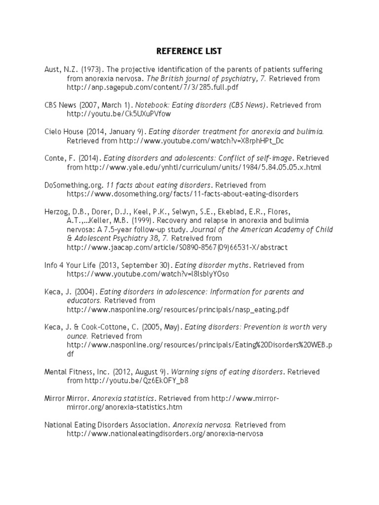 Reference List | PDF | Eating Disorder | Anorexia Nervosa