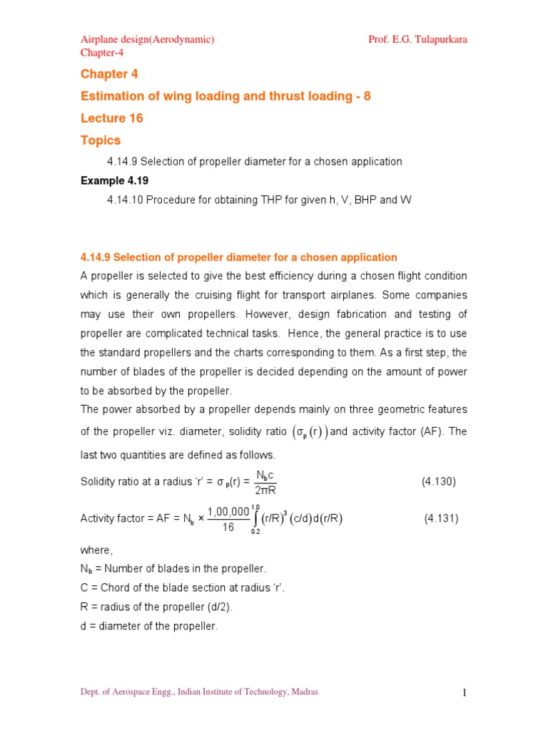 Estimation of Wing Loading and Thrust Loading - 8 Topics: Example 4.19 ...