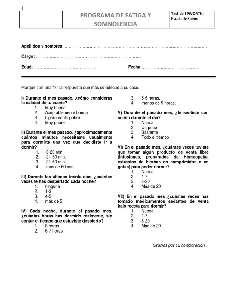 Test Epworth - Escala de Sueño | PDF