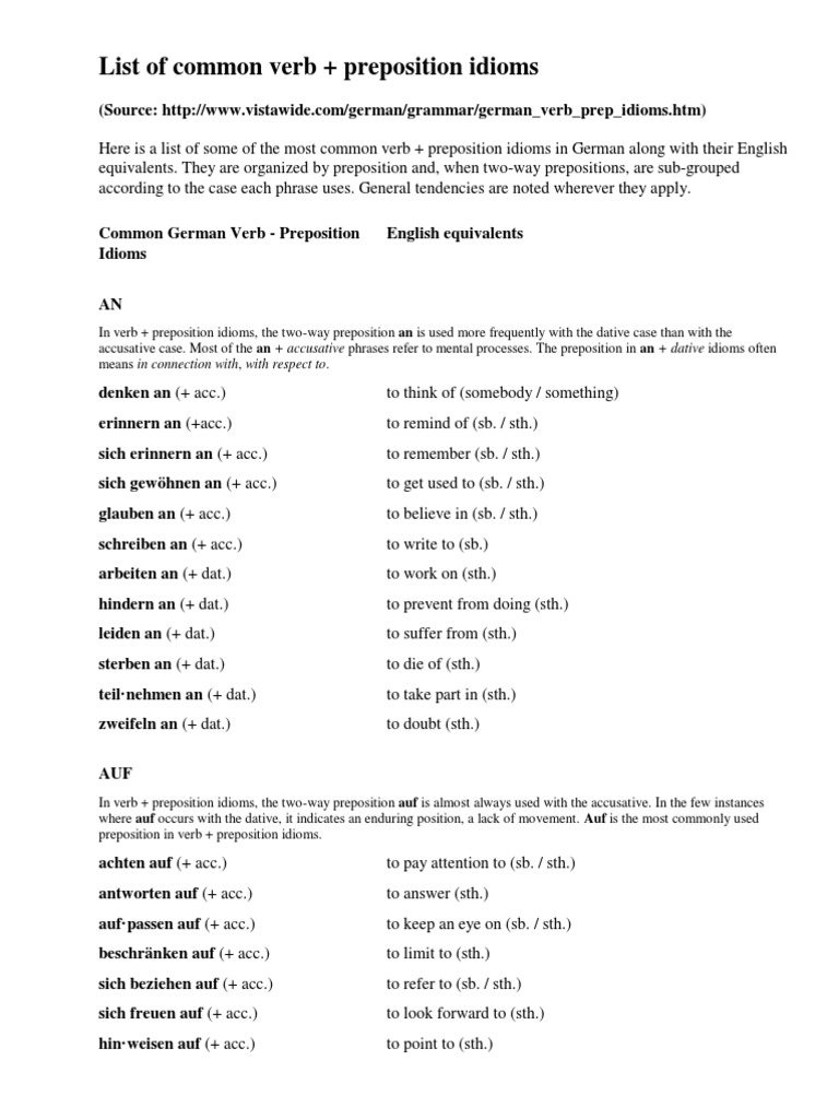 Common German Verb-Preposition Idioms: A Comprehensive List of Verb ...