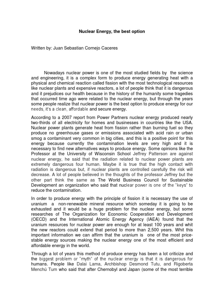 Nuclear Energy, The Best Option | PDF | Nuclear Power | Nuclear Fission